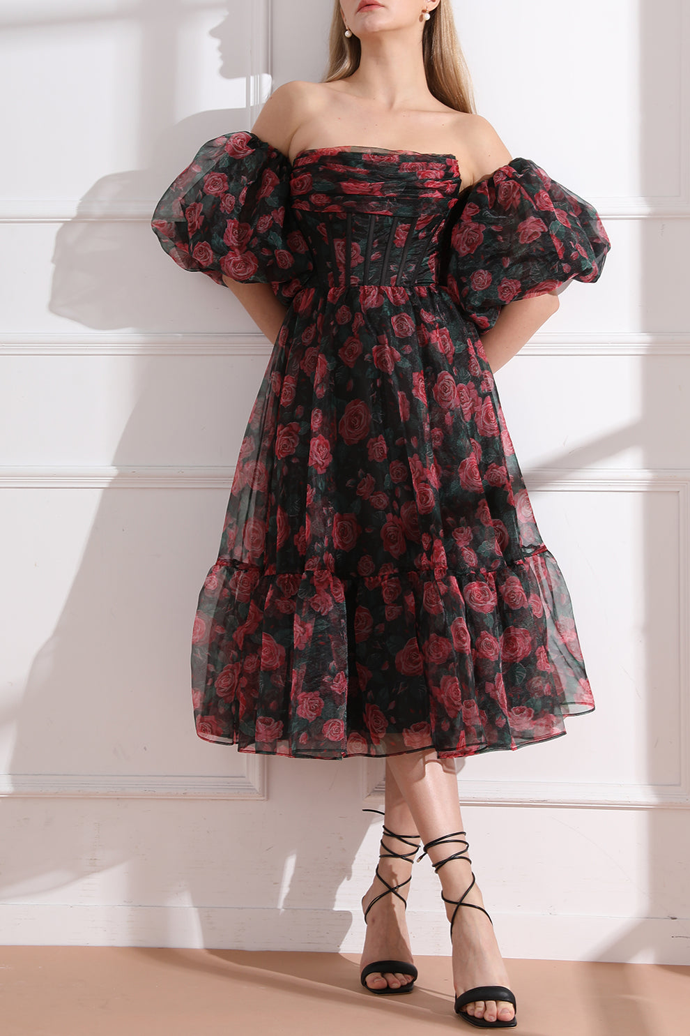 MissJophiel Strapless Organza Rose Print Midi Prom Dress with Removable ...