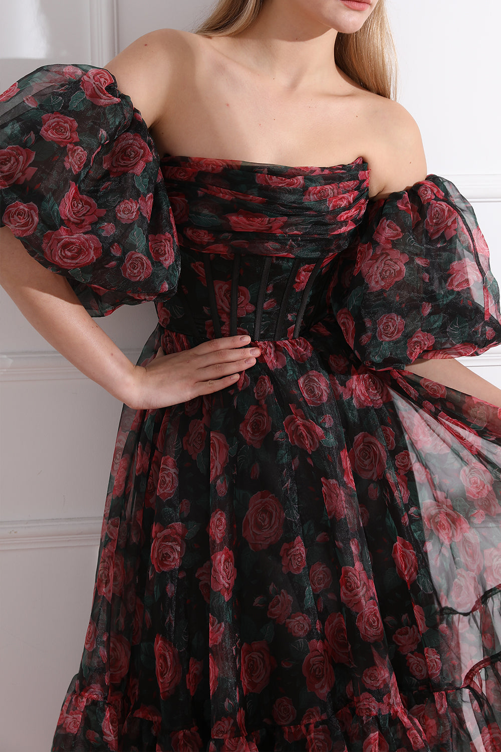 MissJophiel Strapless Organza Rose Print Midi Prom Dress with Removable ...