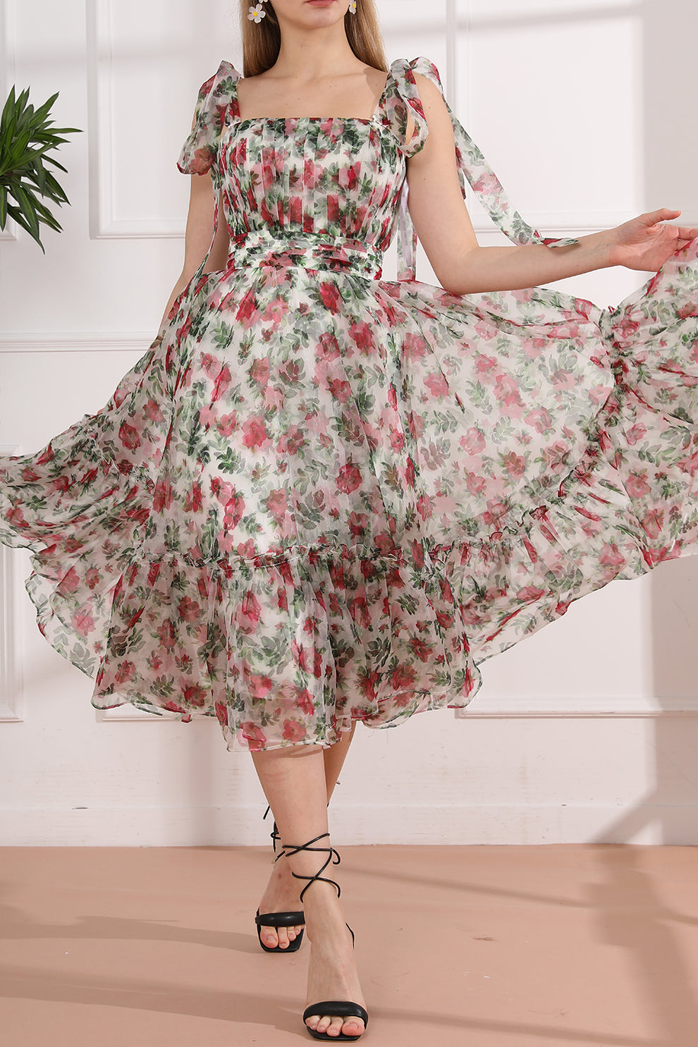 MissJophiel Strapless Rose Print Organza Midi Dress with Removable Tie ...