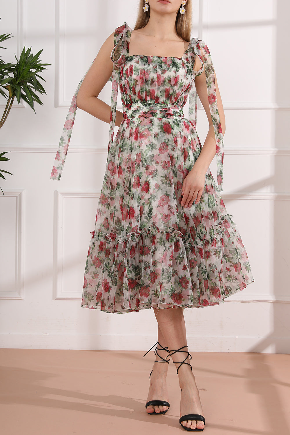 MissJophiel Strapless Rose Print Organza Midi Dress with Removable Tie ...