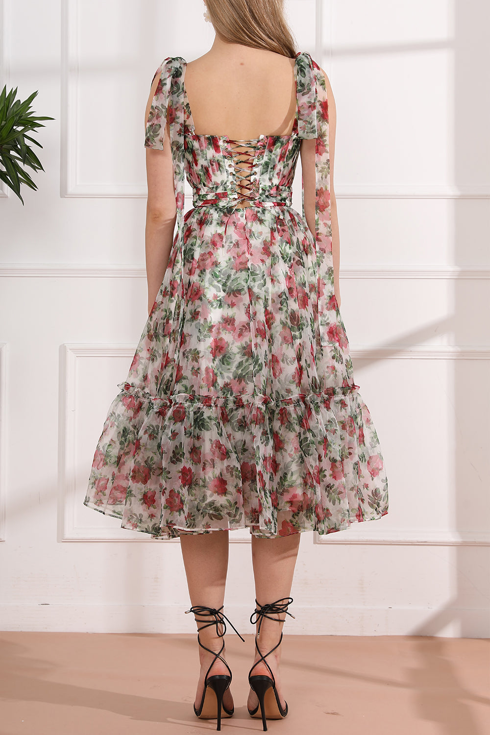 MissJophiel Strapless Rose Print Organza Midi Dress with Removable Tie ...
