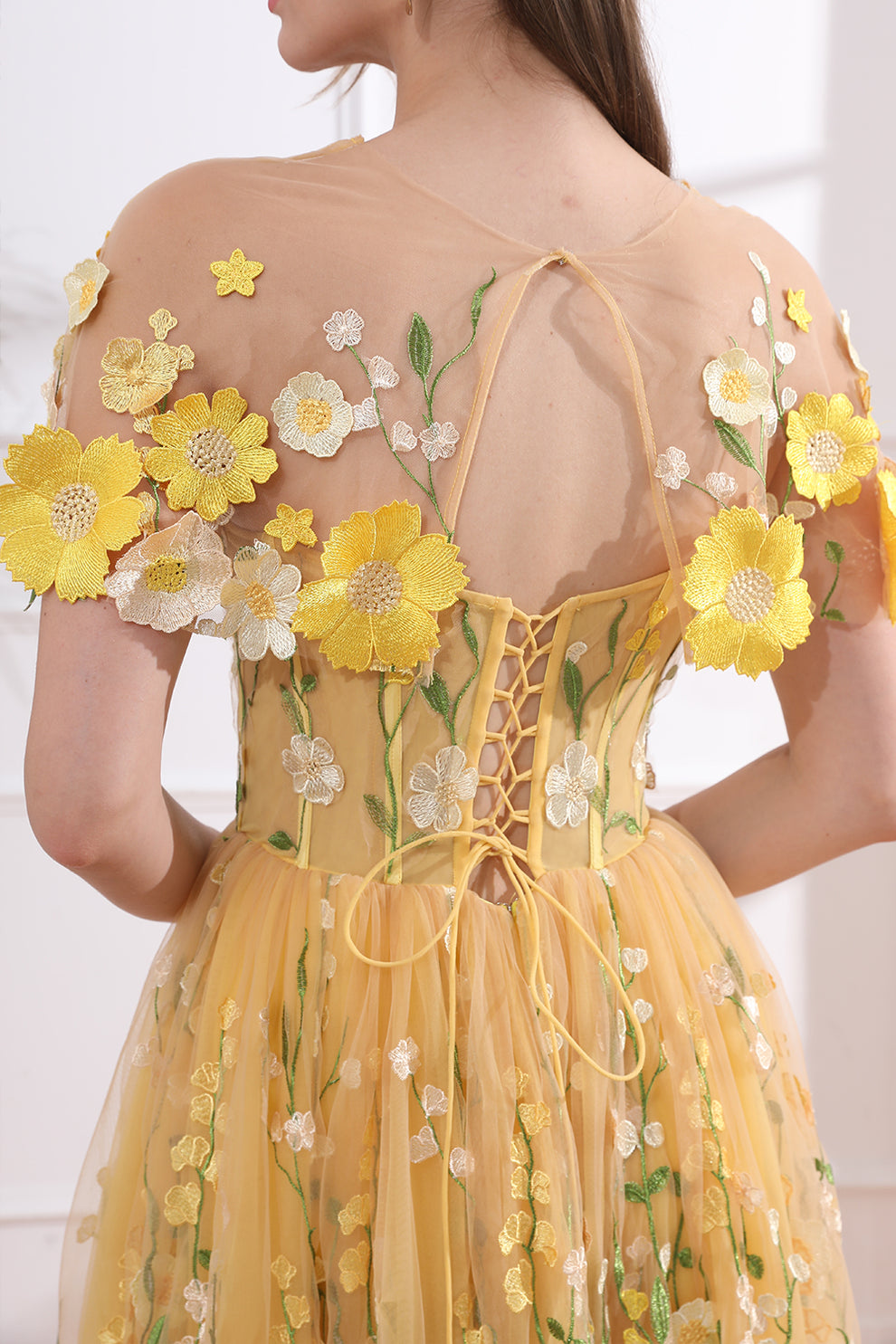 MissJophiel Strapless Floral Corset Yellow Dress with Removable Cape