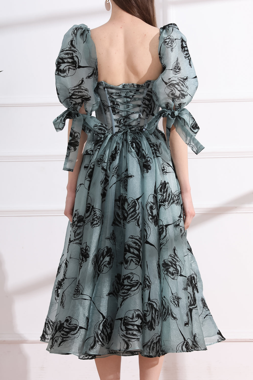 MissJophiel Corset Floral Print Organza Midi Dress with removable puff ...