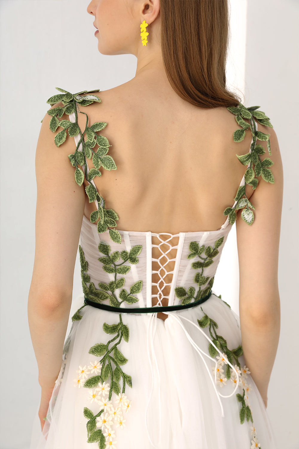 MissJophiel Corset Leaf Embroidered Midi Dress with removable Straps