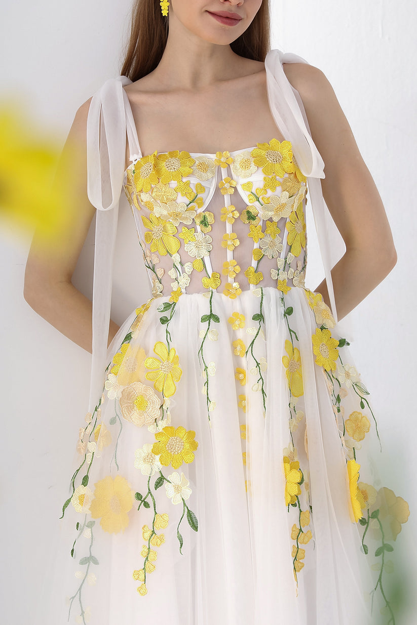 MissJophiel Corset Yellow Floral Applique Ivory Slit Dress with Tie Straps
