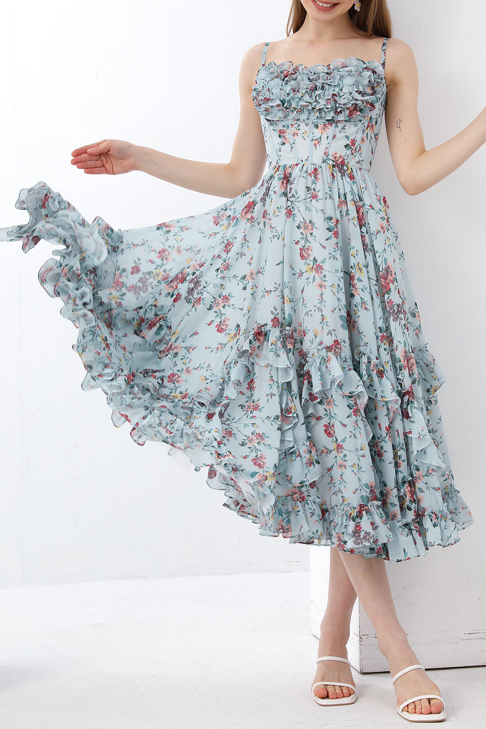 MissJophiel Spaghetti Straps Corset Floral Print Chiffon Dress