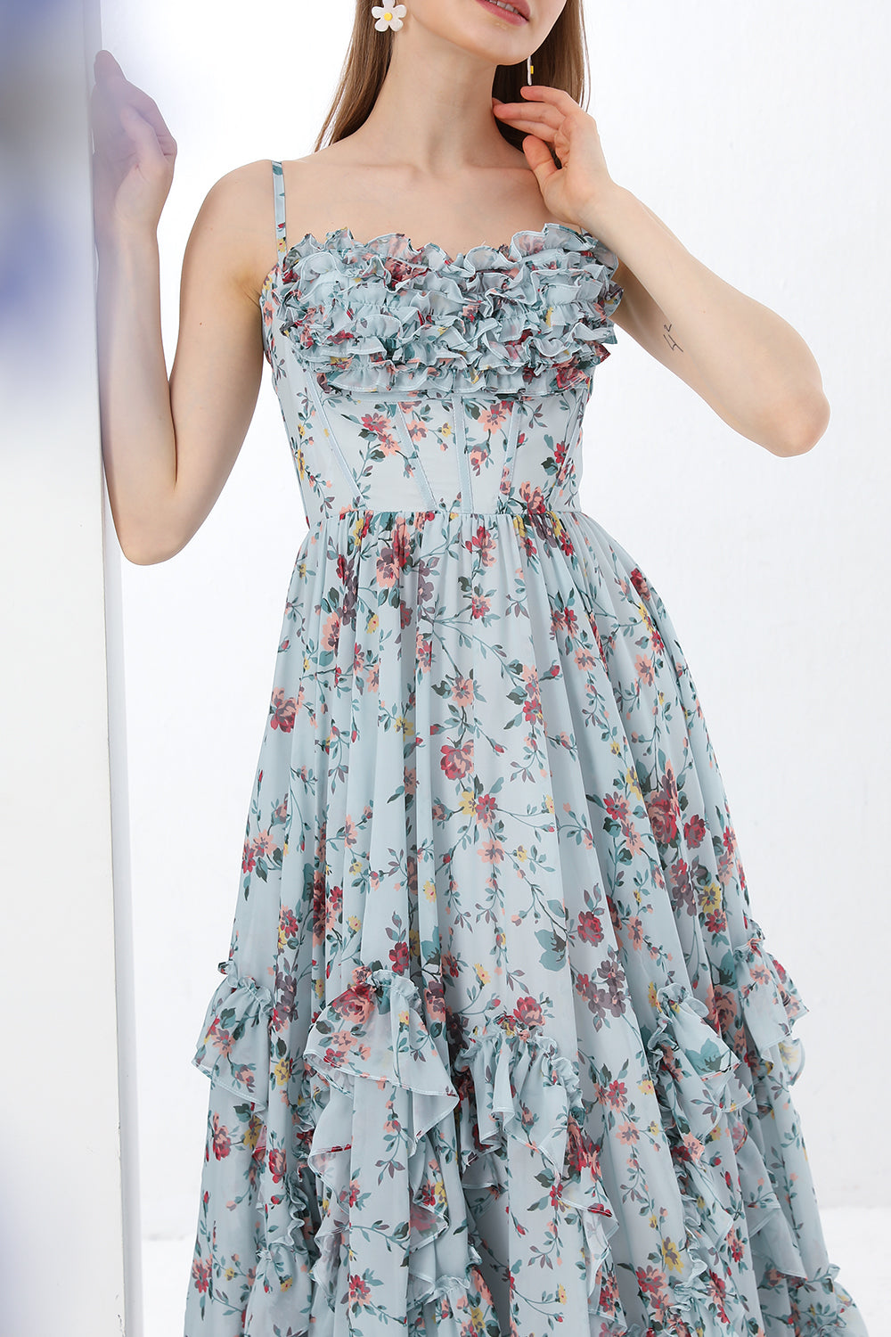 MissJophiel Spaghetti Straps Corset Floral Print Chiffon Dress