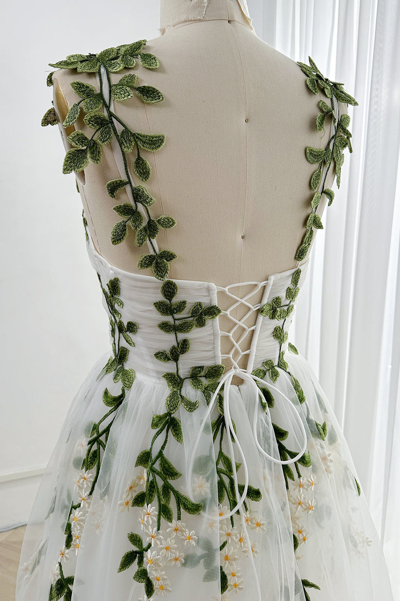 MissJophiel Strapless Leaf Embroidered Midi Dress with removable Straps