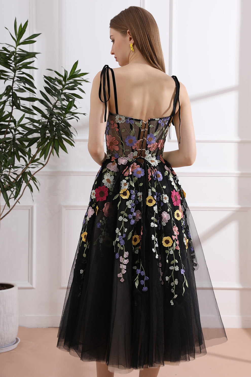 MissJophiel Colorful Applique Floral Corset Black Dress with Tie Straps