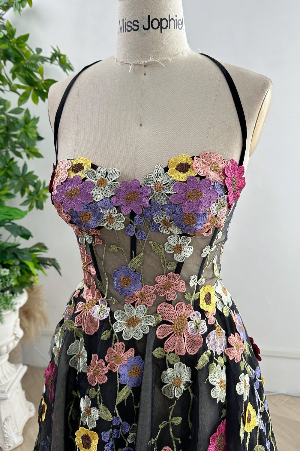 MissJophiel Colorful Applique Floral Corset Black Dress with Tie Straps