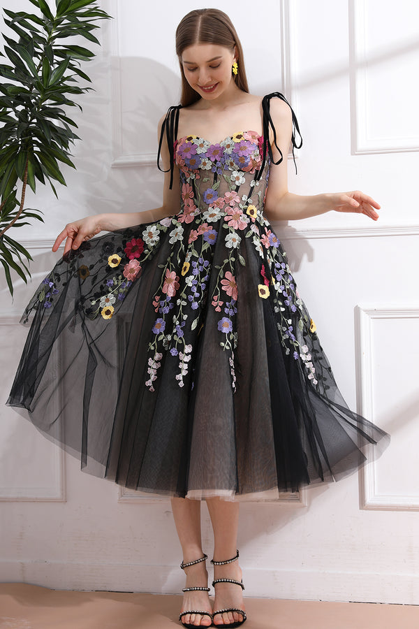 MissJophiel Colorful Applique Floral Corset Black Dress with Tie Straps