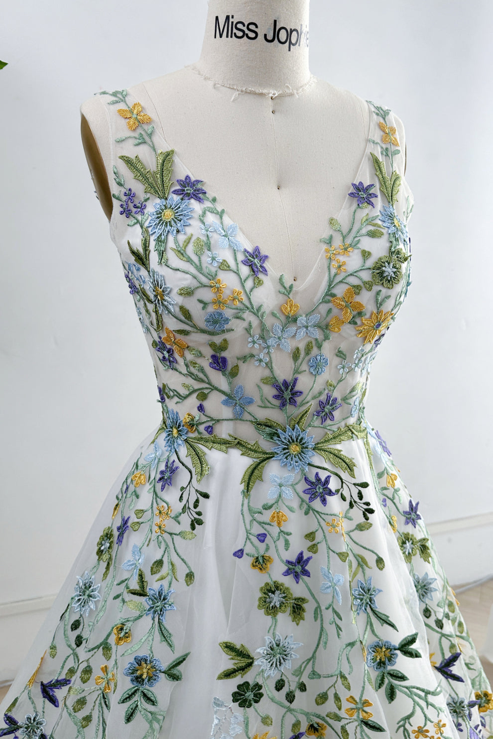 Embroidered Floral Applique Fabric - White Tulle with Multicolor Flora ...