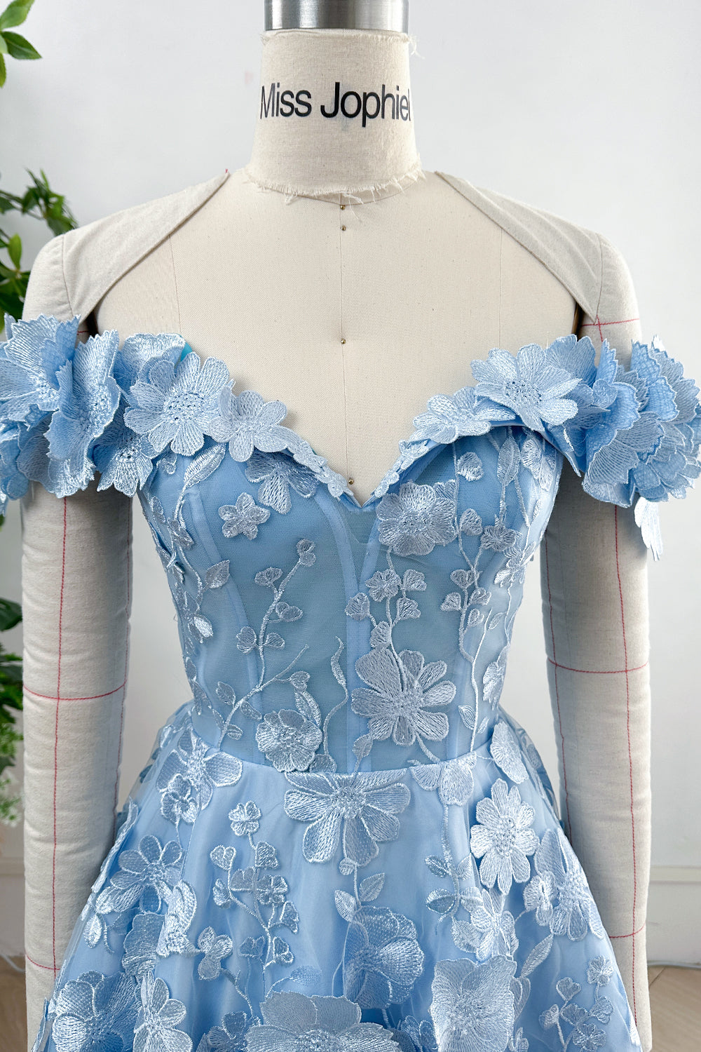 MissJophiel Off the Shoulder Floral Embroidery Sky Blue Mini Dress