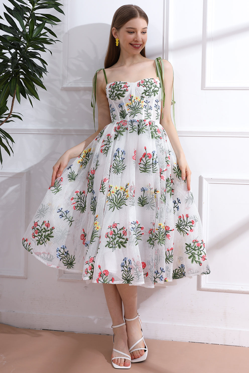 MissJophiel Corset Colorful Floral Net Dress with Removable Tie Straps