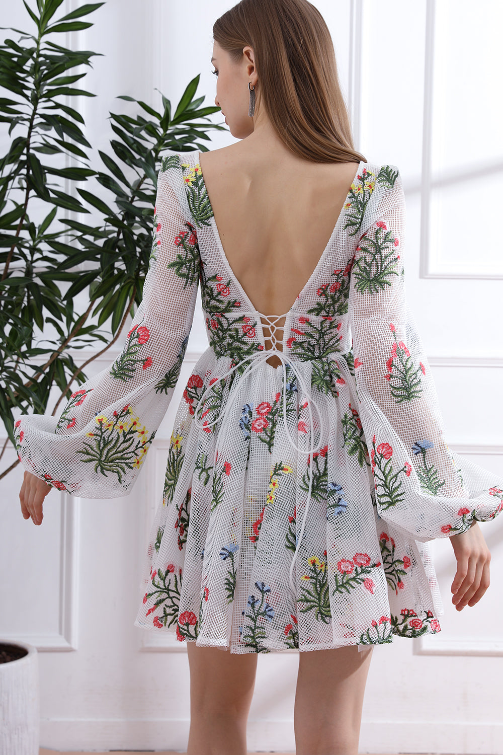 MissJophiel V Neck Colorful Floral Net Dress with Long Puff Sleeves