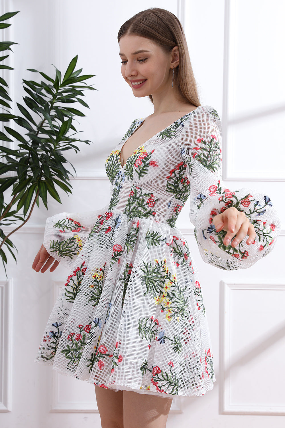 MissJophiel V Neck Colorful Floral Net Dress with Long Puff Sleeves