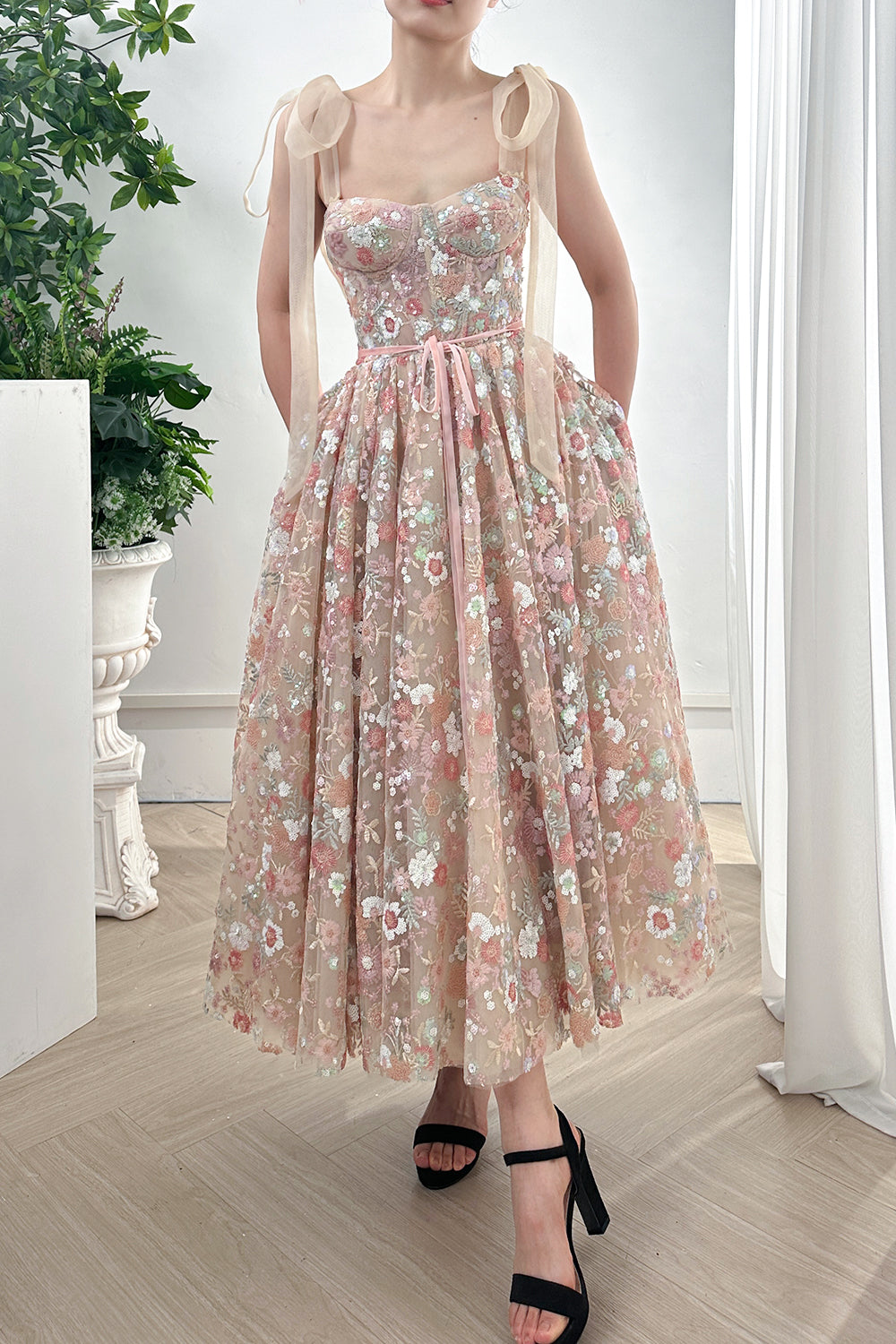 MissJophiel Corset Floral Sequined Pink Midi Prom Dress with Tie Straps