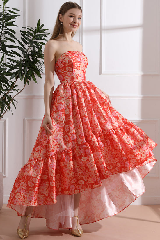 MissJophiel Strapless Floral Print Satin High Low Dress with Pocket