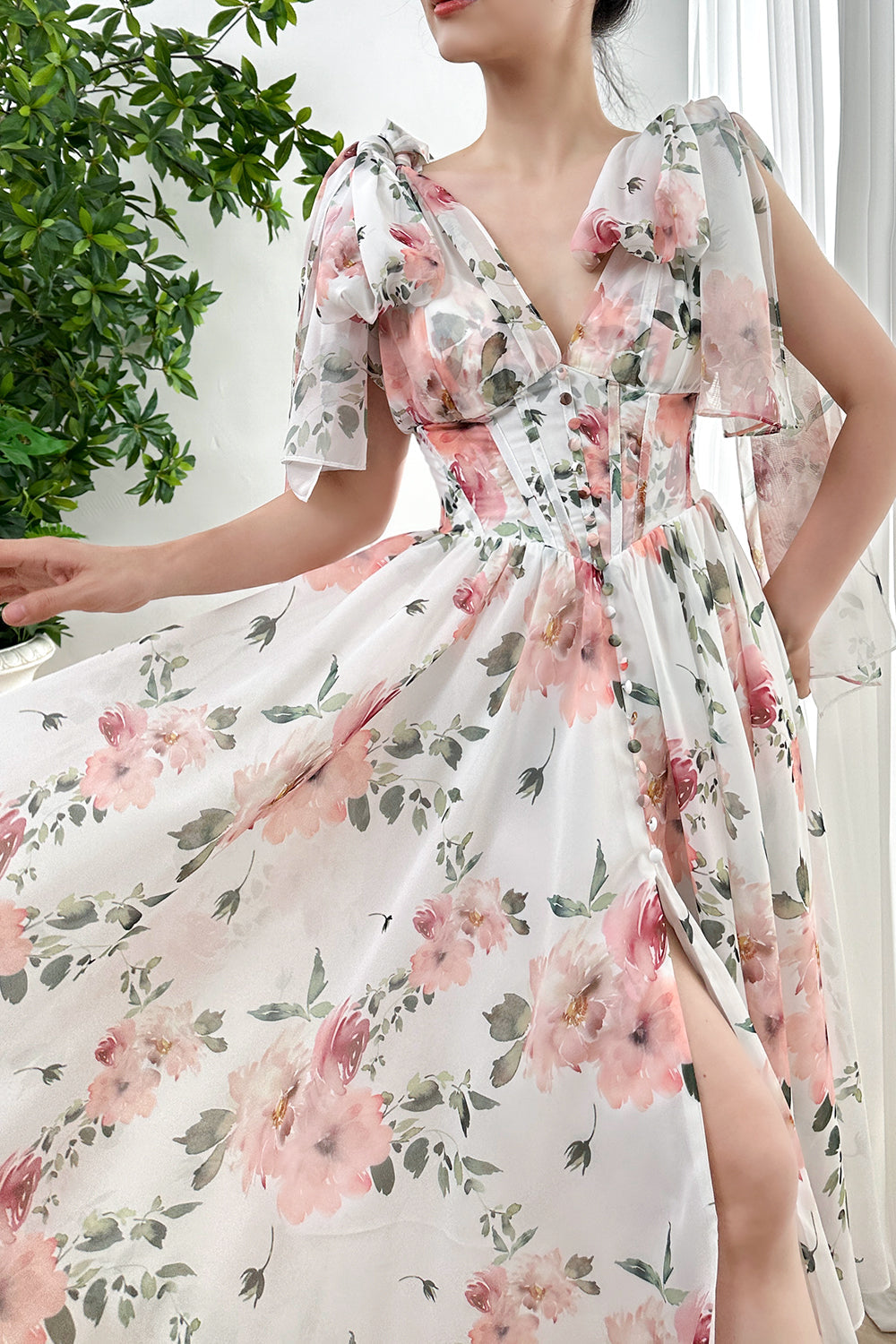 MissJophiel Infinity Corset Floral Print Chiffon Dress with Slit
