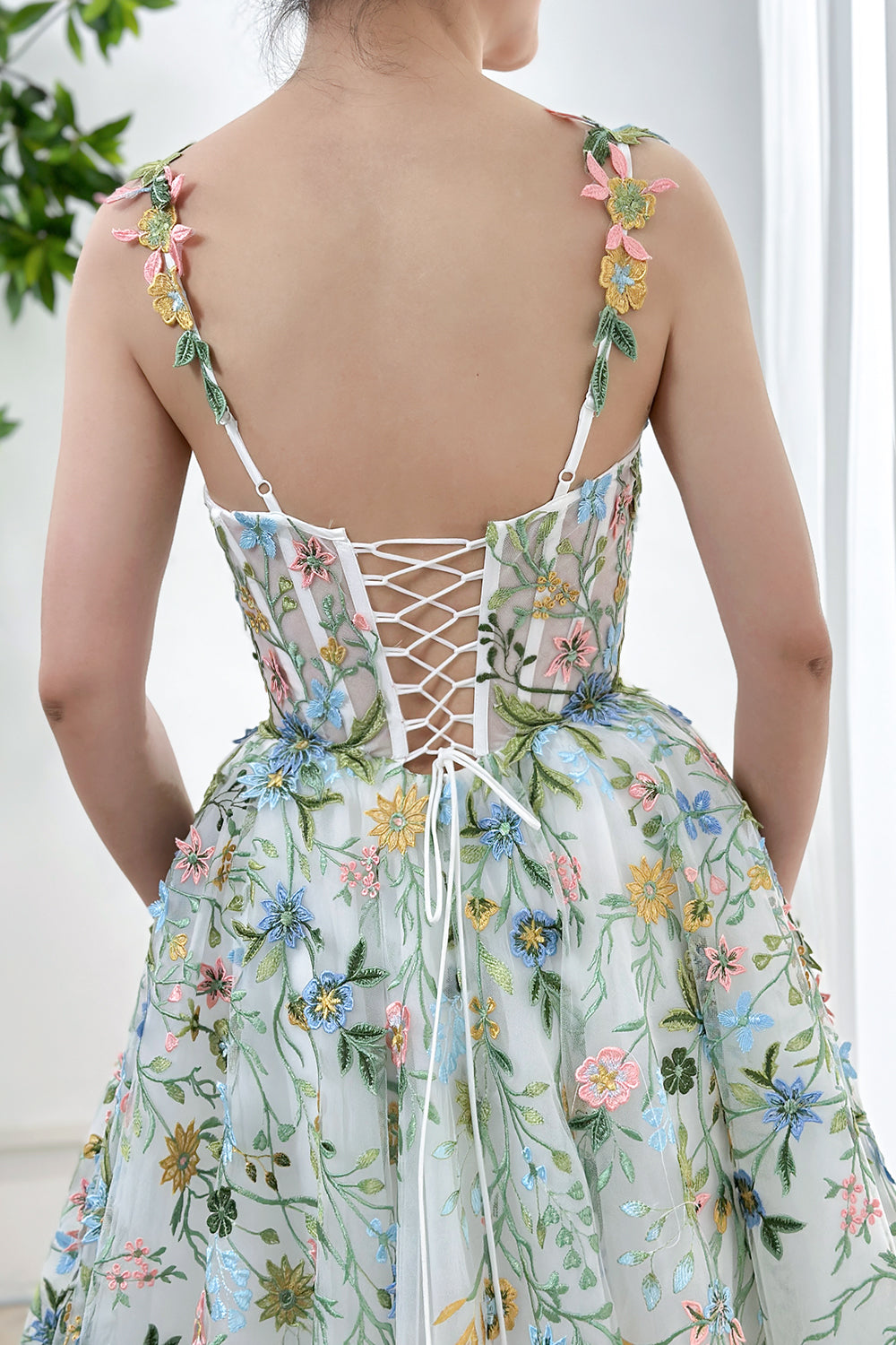 MissJophiel Corset V Neck Colorful Floral Embroidery Ivory Dress
