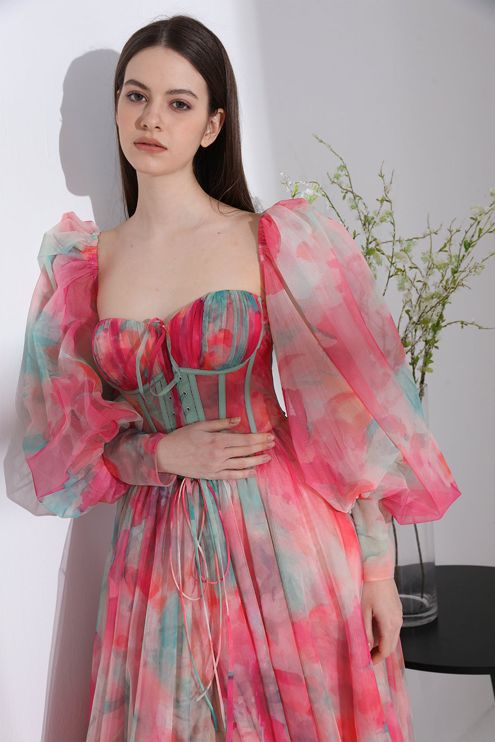 MissJophiel Corset Floral Print Tulle Long Dress with Slit and Puffy ...