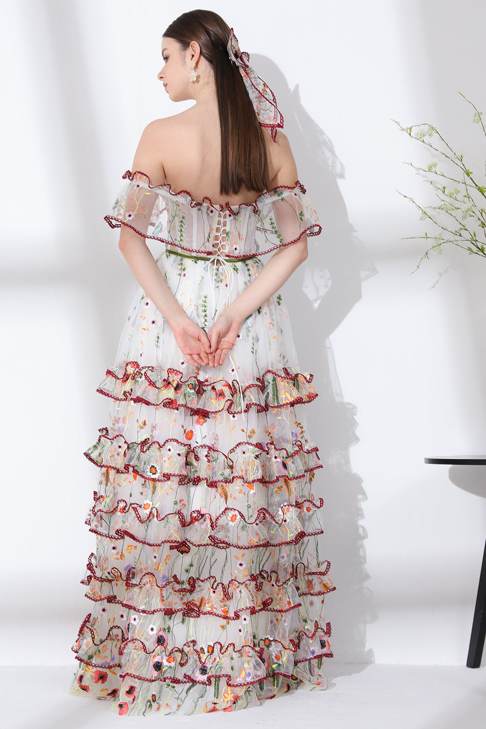 MissJophiel Off the Shoulder Corset Floral Embroidery Tiered Dress