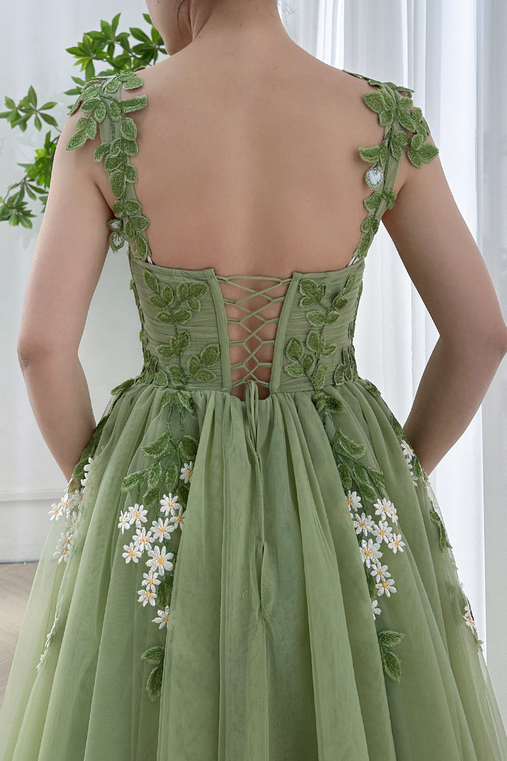 MissJophiel Corset Strapless Leaf Embroidered Dress with removable Straps