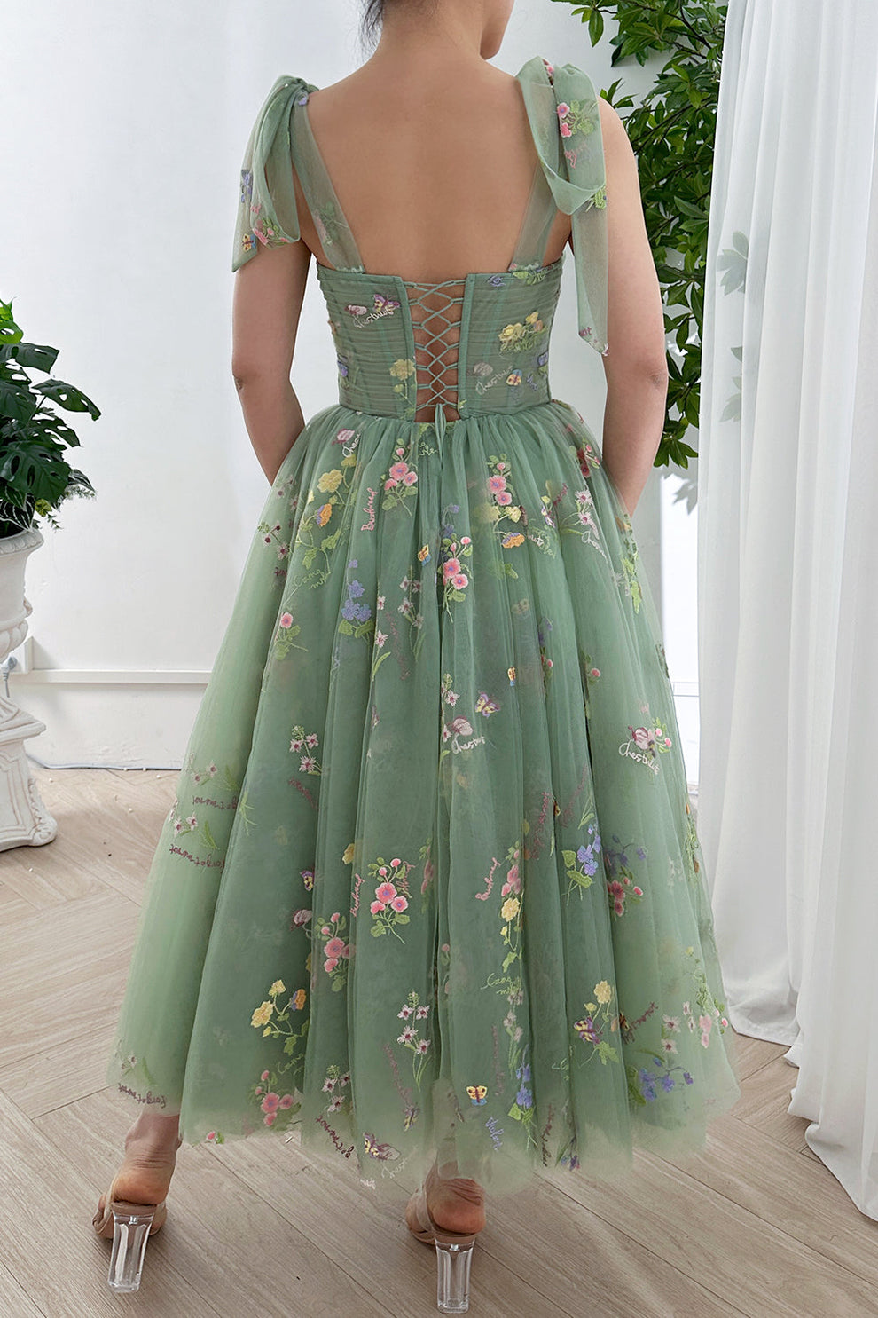 MissJophiel Corset Floral Embroidery Dress with Slit and Tie Sleeves