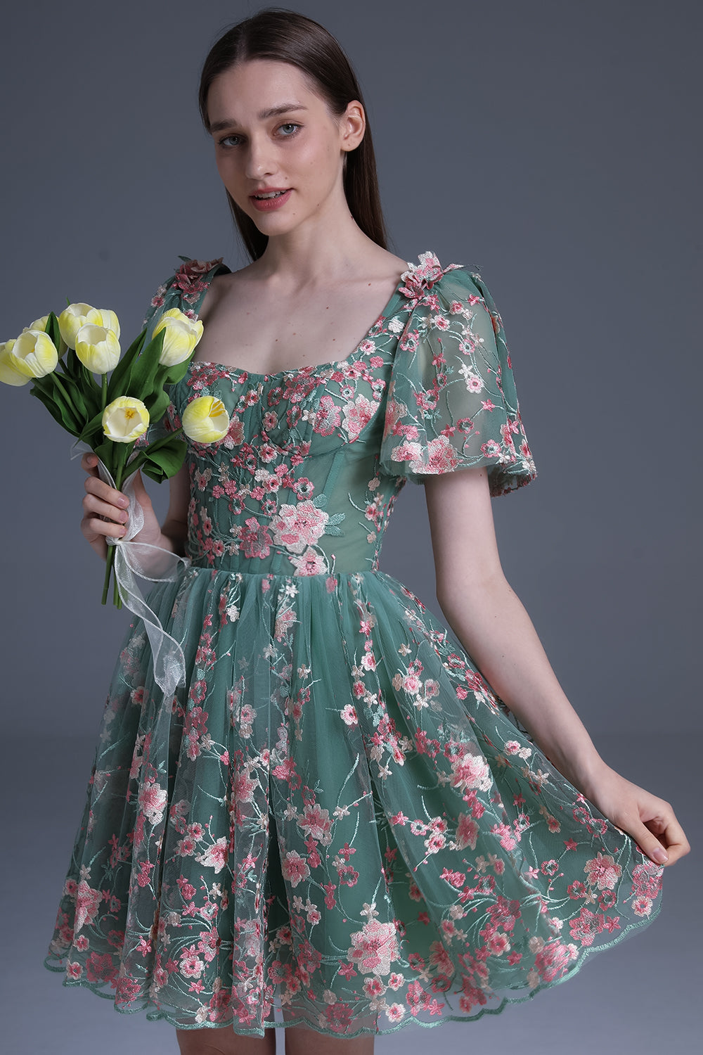 MissJophiel Corset Floral Embroidery Mini Dress with Sleeves