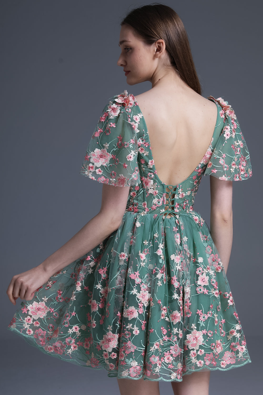 MissJophiel Corset Floral Embroidery Mini Dress with Sleeves