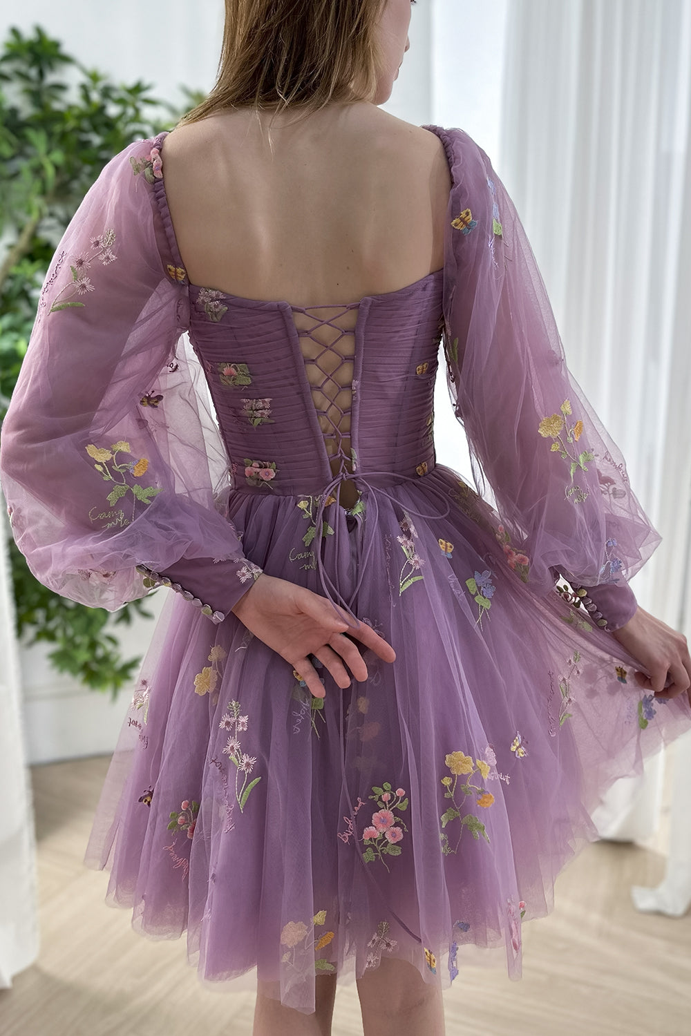 MissJophiel Long Sleeves Corset Floral Embroidery Mini Dress