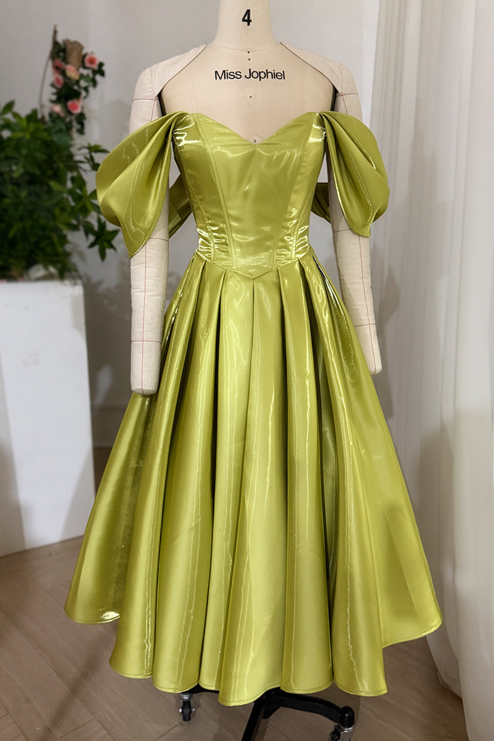 Chartreuse Glossy Satin Corset Midi Dress | MissJophiel